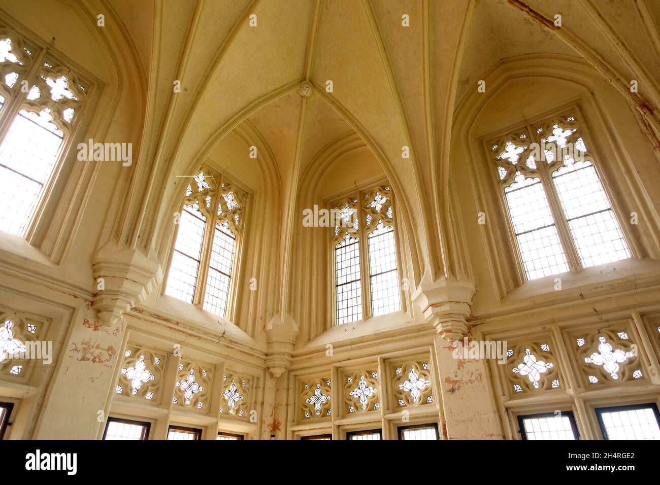 windows and vaulted ceiling in hall of greatest gothic castle in Europe ...