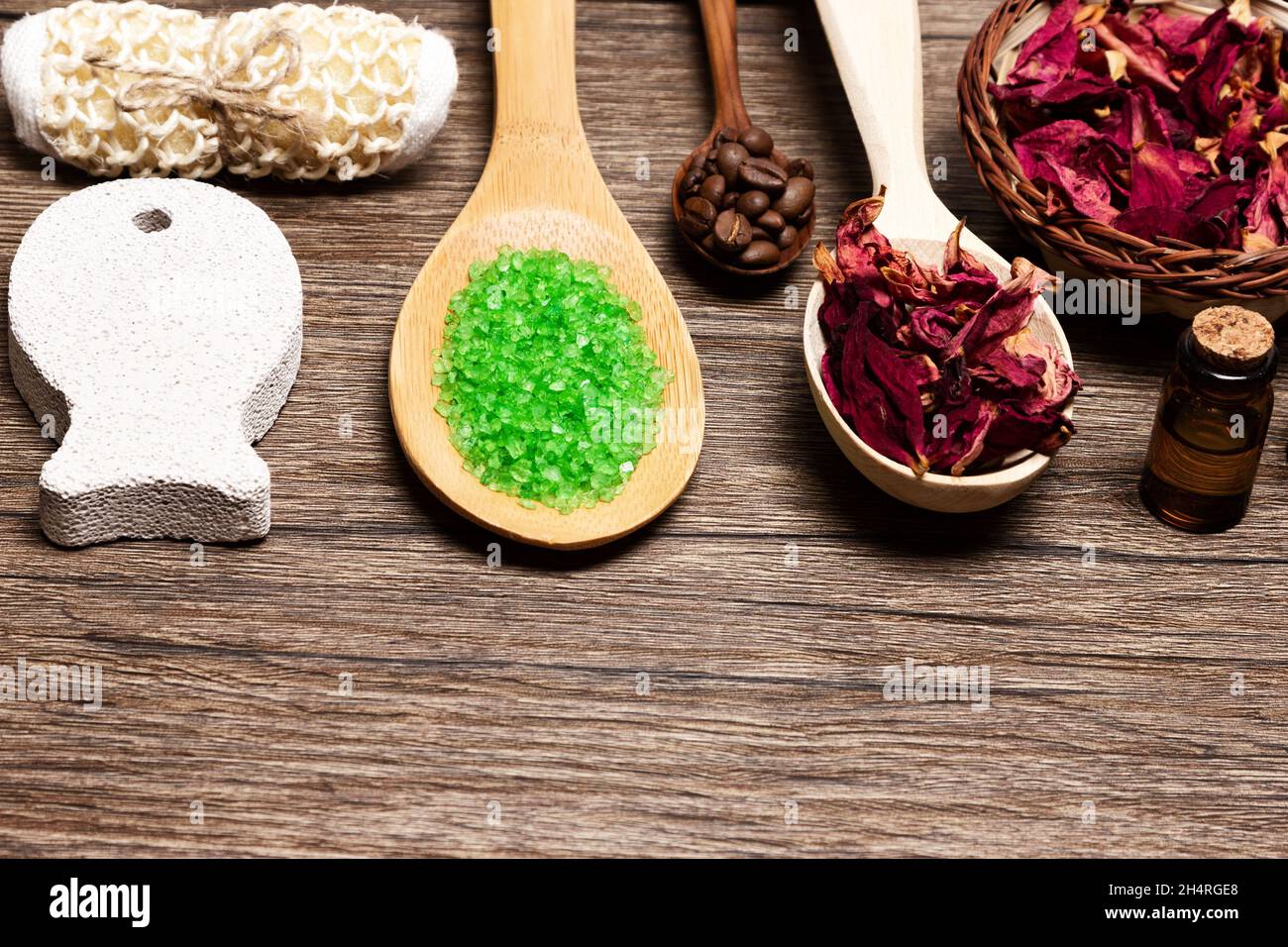 Cellulite treatment and peeling products on wood background, copy space ...