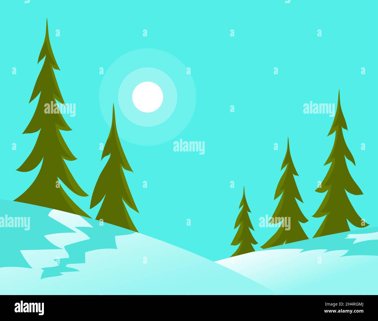 Winter morning landscape. They ate and snow. The sun is shining. Vector ...