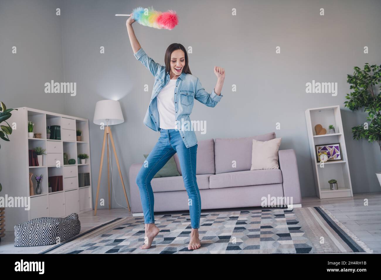 Full size photo of funky brunette young lady dance clean brush wear ...