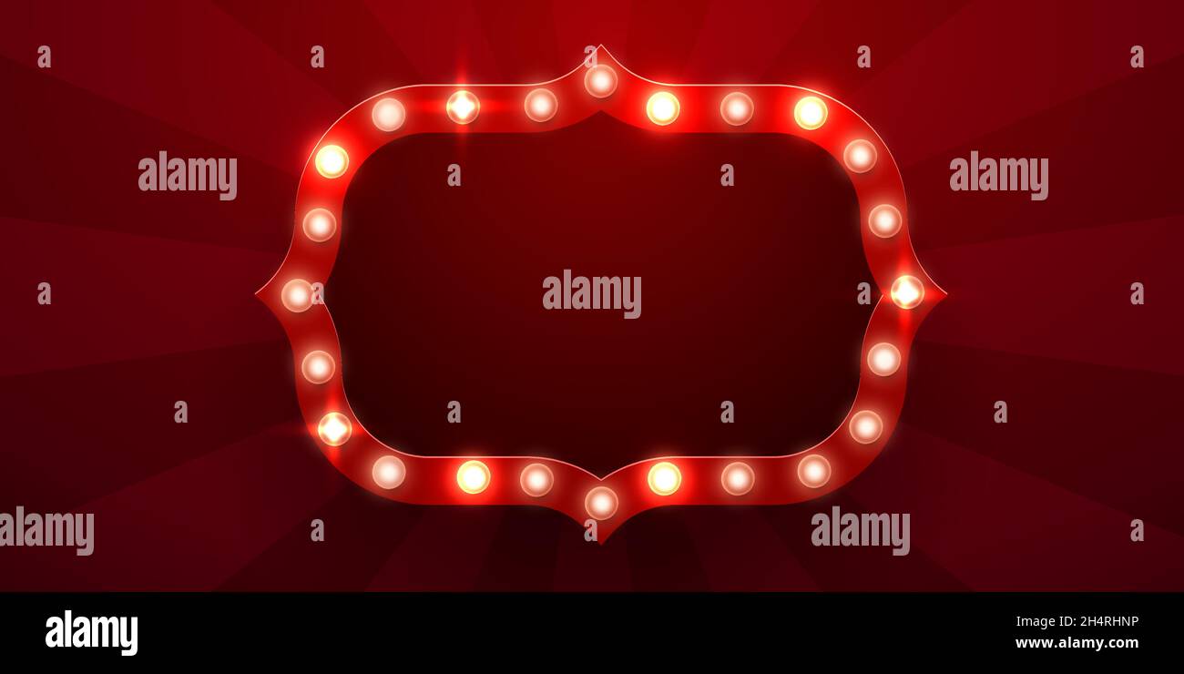 Retro light sign. Signboard with lamps border. Vintage style banner ...