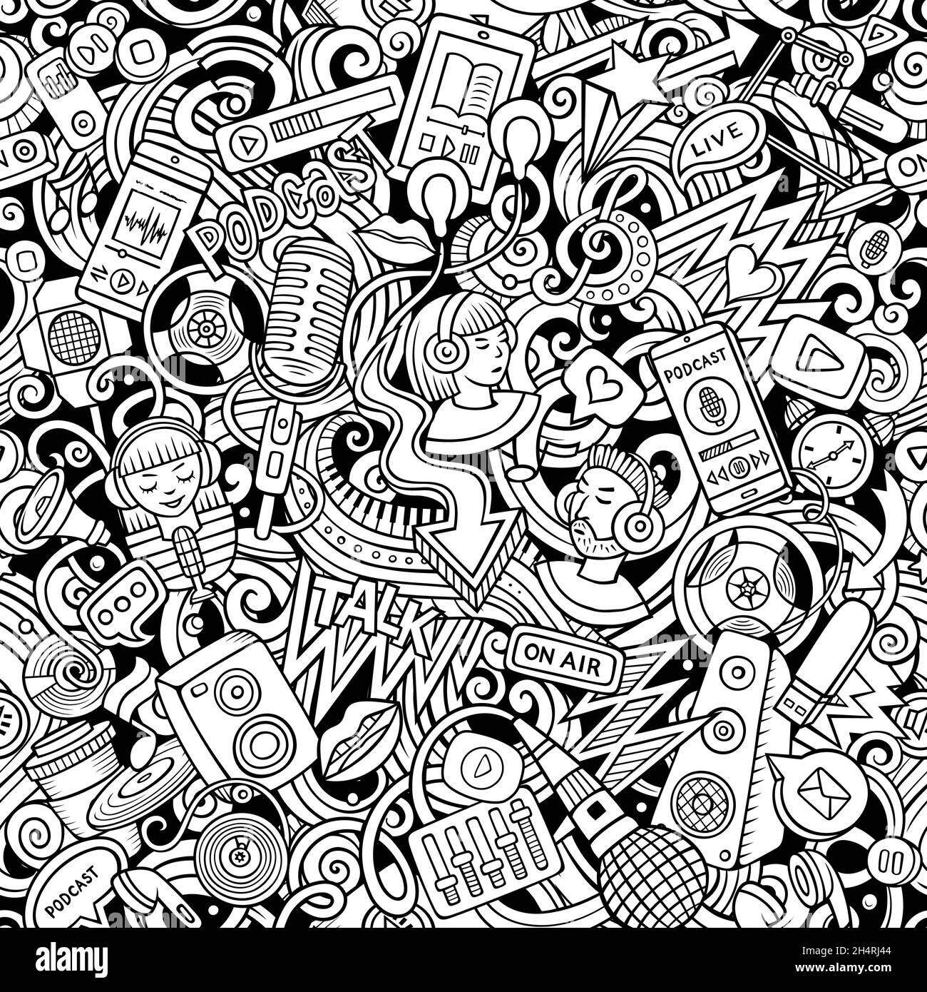 Cartoon doodles Audio content seamless pattern. Backdrop with podcasts ...
