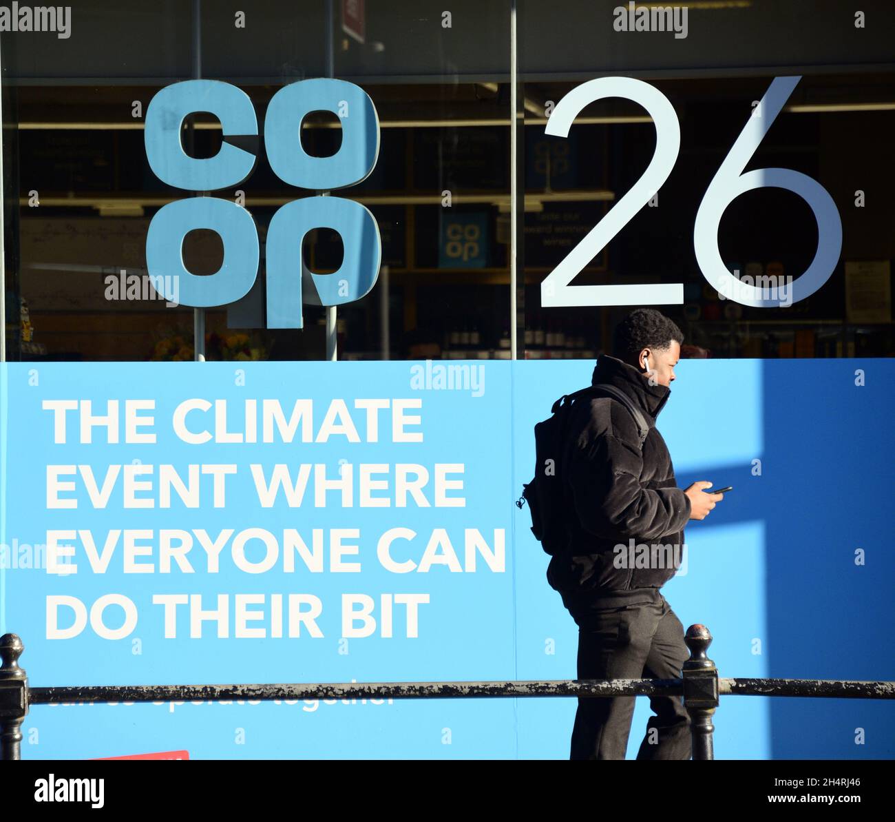 Sign on a Co-op supermarket in Manchester, UK, marks the COP 26 climate ...
