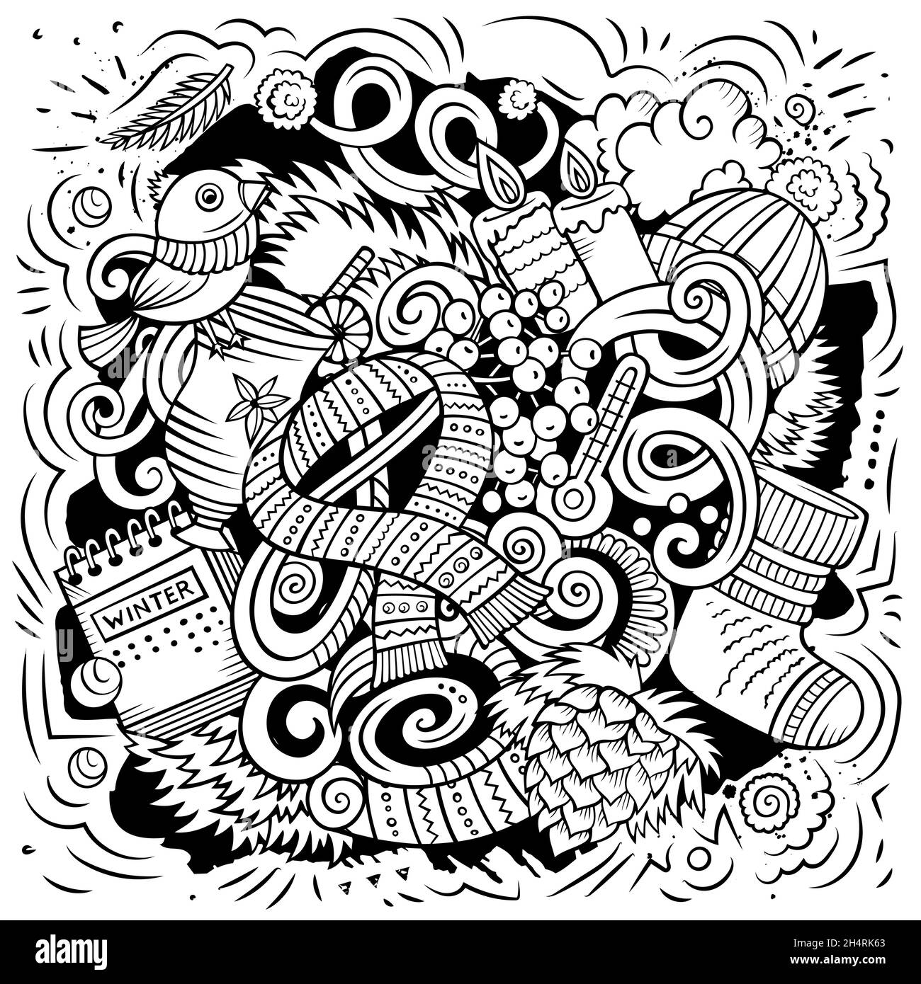 Cartoon vector doodles Winter illustration. Sketchy, detailed, with ...