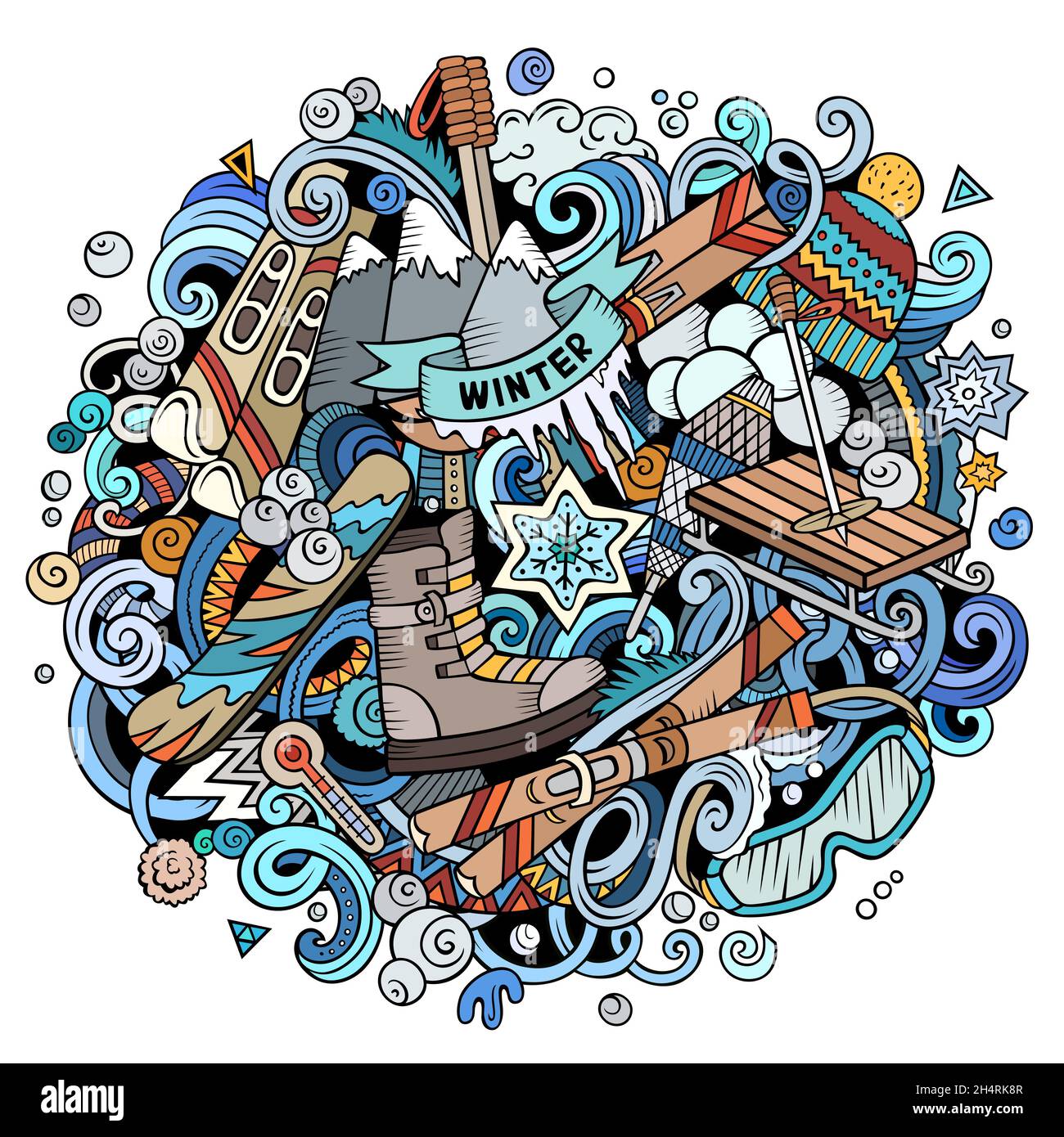 Ski Resort hand drawn cartoon doodles illustration. Funny objects and ...