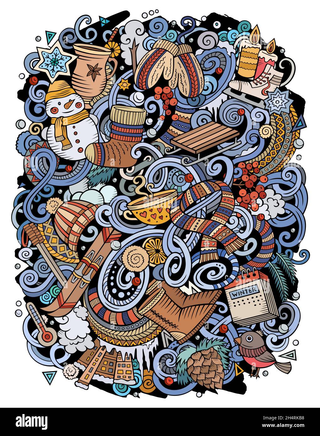 Cartoon vector doodles Winter illustration. Colorful, detailed, with ...