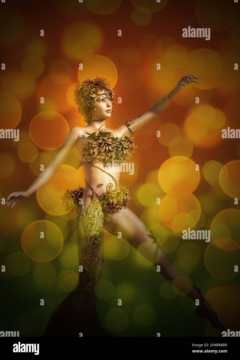 Abstract fantasy dryad woman with autumn leaves and curly hair over ...