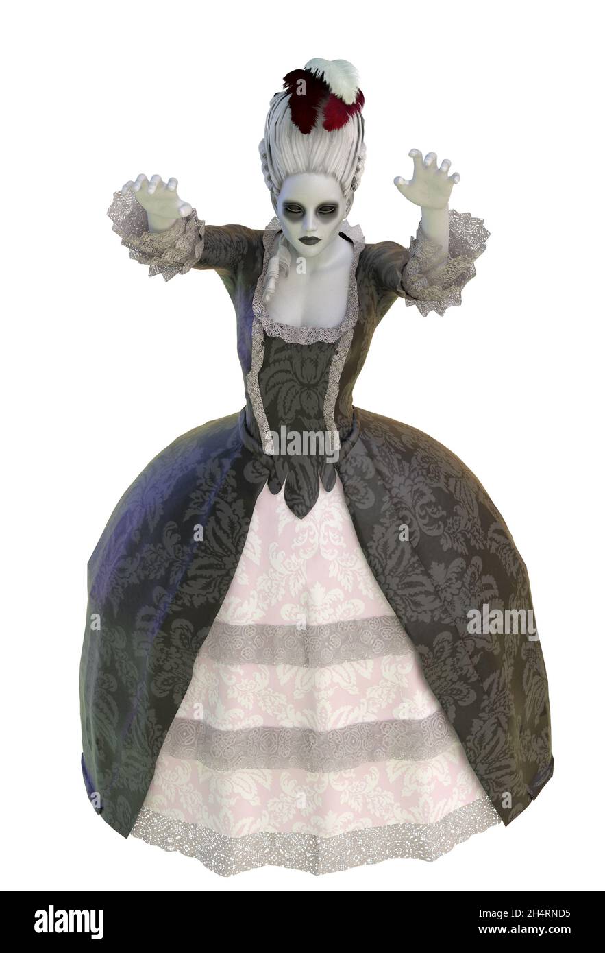 Spooky woman in black and pink ball dress, retro wig, a ghost lady, 3D ...