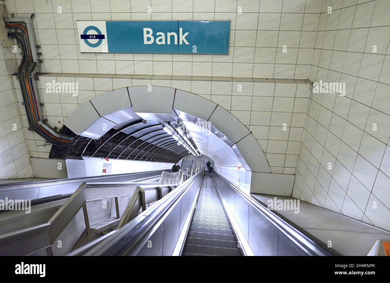 London, England, UK. DLR / Docklands Light Railway - escalator at Bank ...
