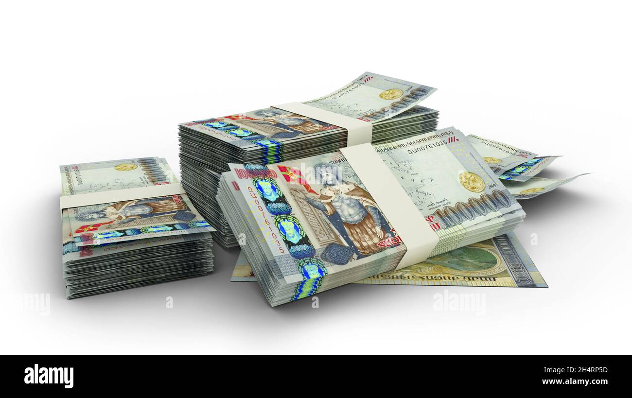 3D Stack of 100000 Armenian Dram notes isolated on white background ...
