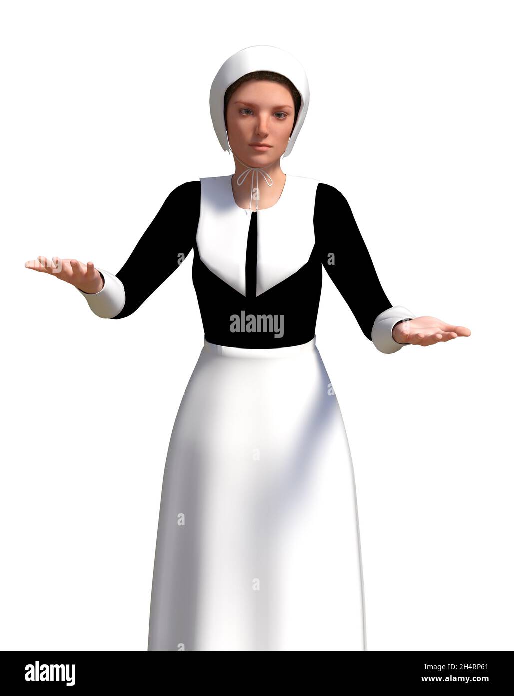 Digitally rendered woman wear old pilgrim costume, 3D Illustration ...