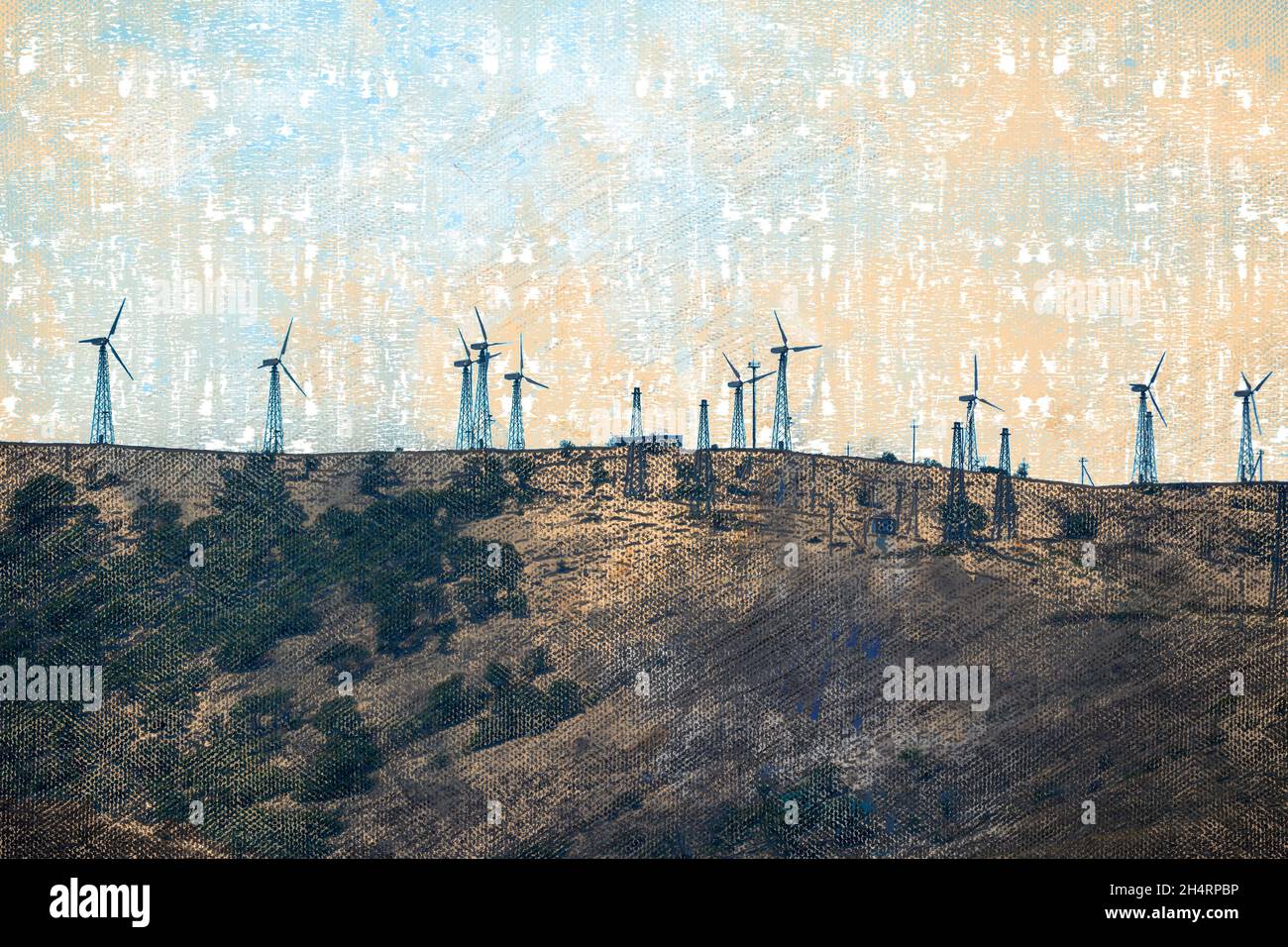 Wind power plant in the mountains. Wind generators installed on a ...