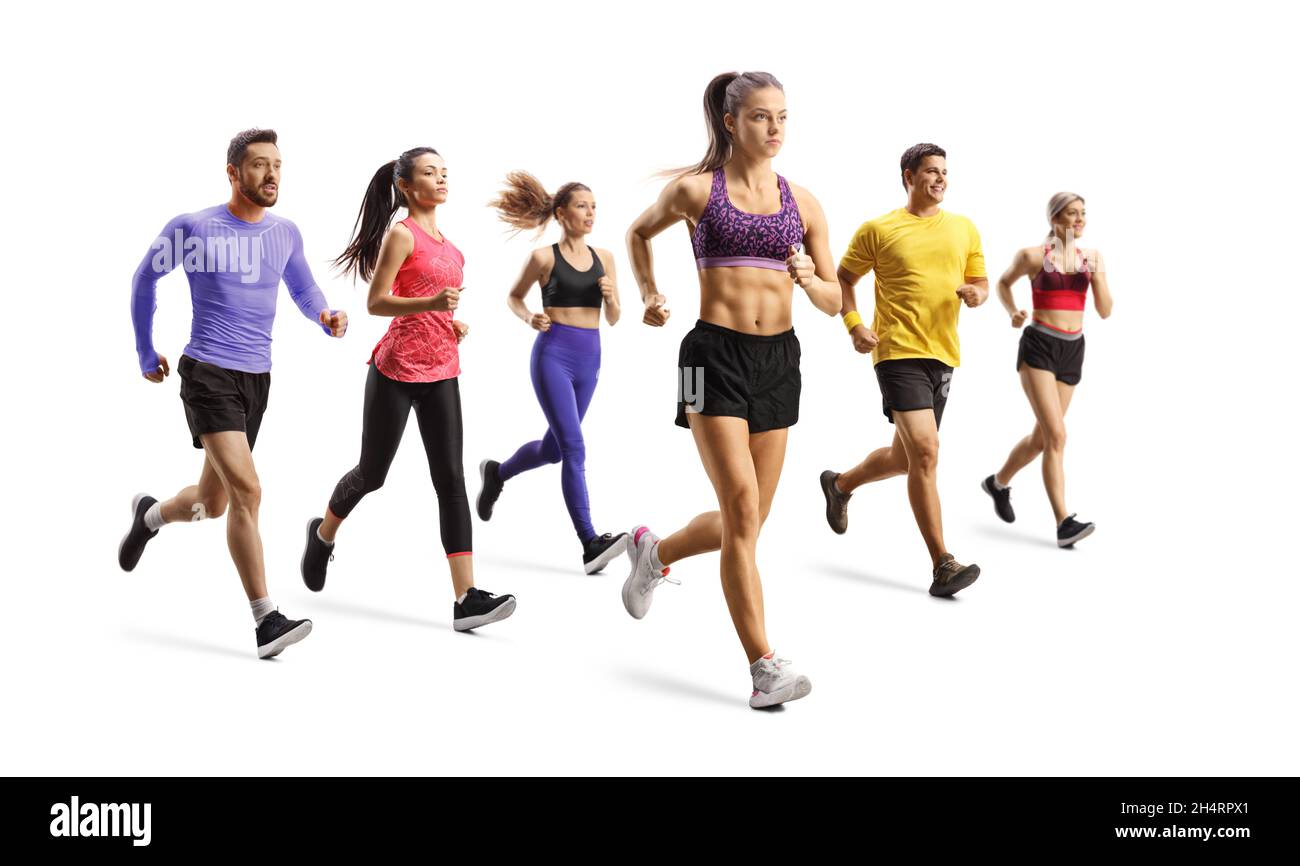 Full length shot of young people running a marathon isolated on white ...