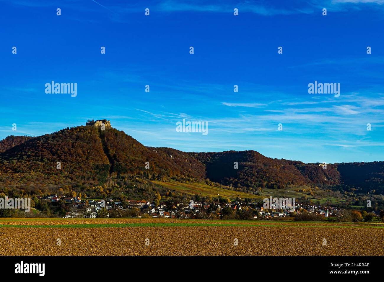 beautiful view of the high neuffen castle in autumn Stock Photo - Alamy