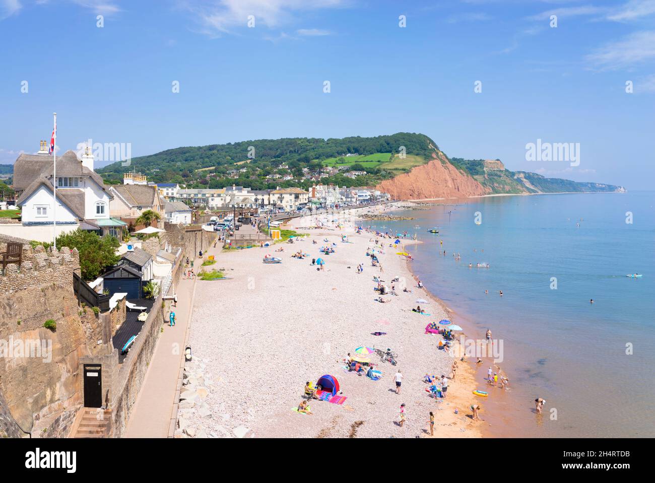 Aerial view of Families on the beach at Sidmouth beach ,a mixture of ...