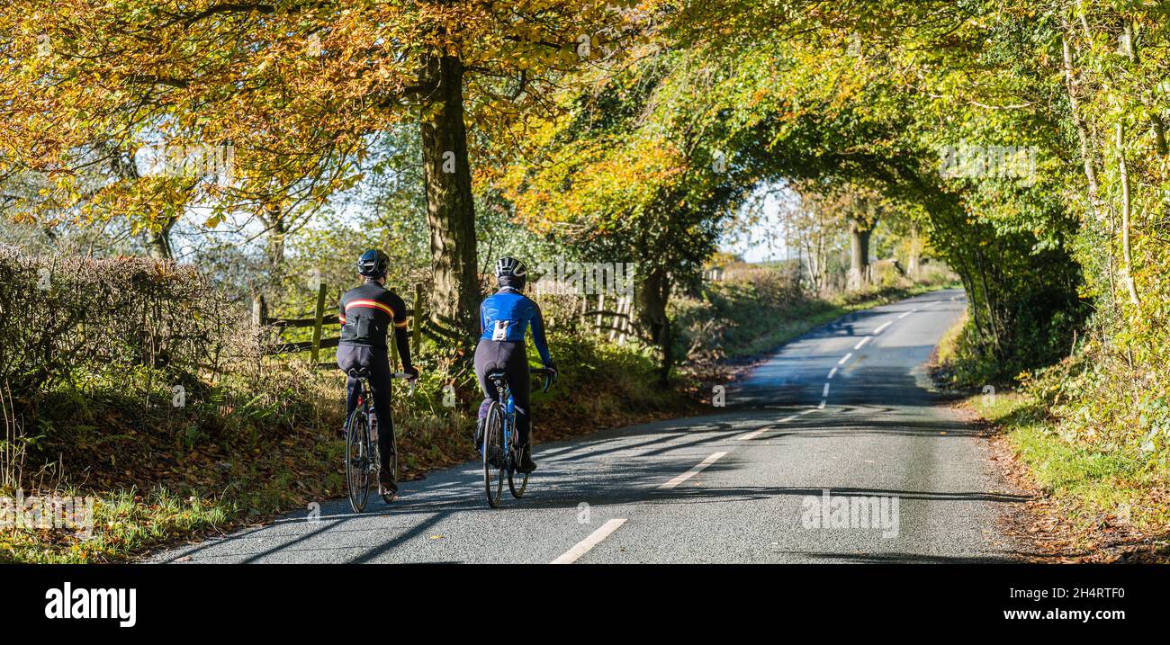 Mother and son cycling day, Bashall Eaves, Clitheroe, Lancashire, UK ...