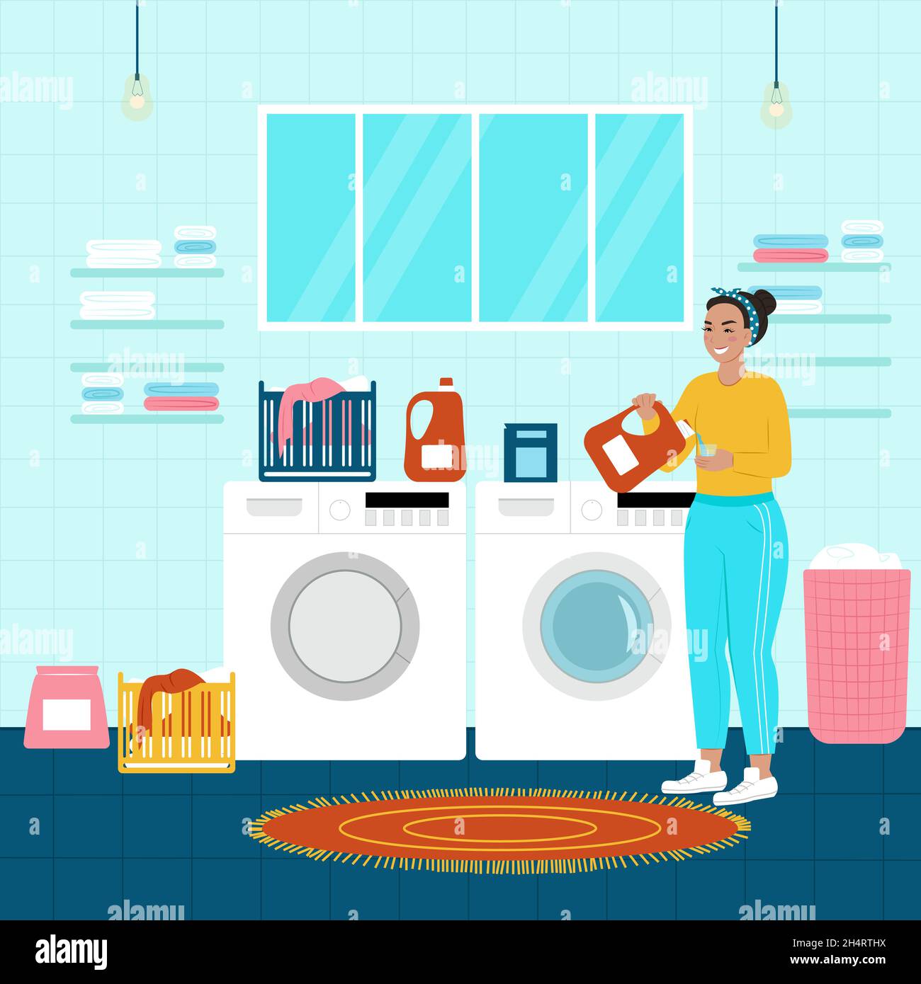 Happy woman laundry. Vector illustration in flat cartoon style Stock ...
