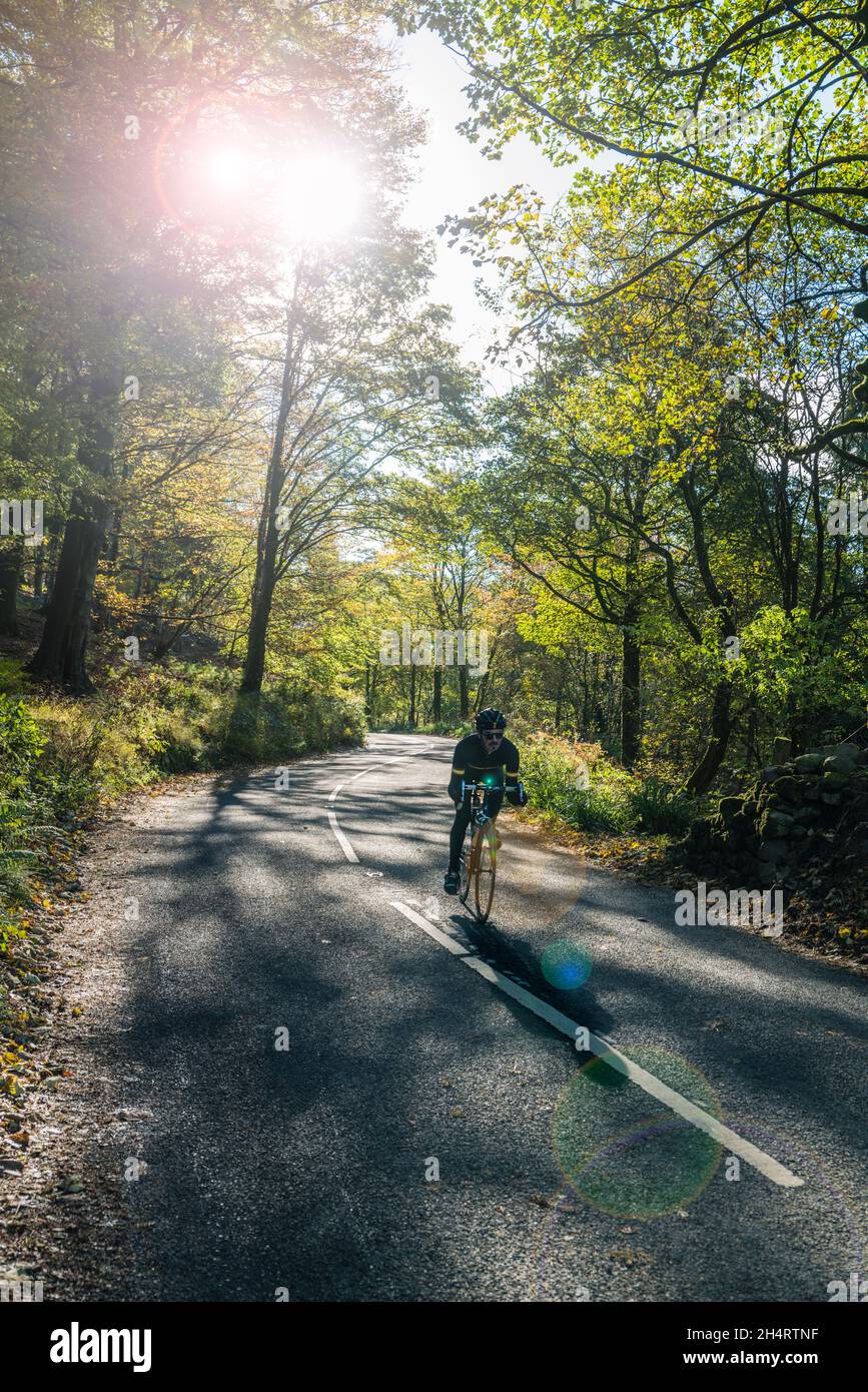 Male road cyclist riding through Whitewell woods, Hodder Valley ...