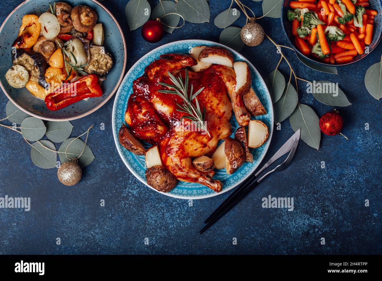 Christmas table top view with food flat lay Stock Photo - Alamy