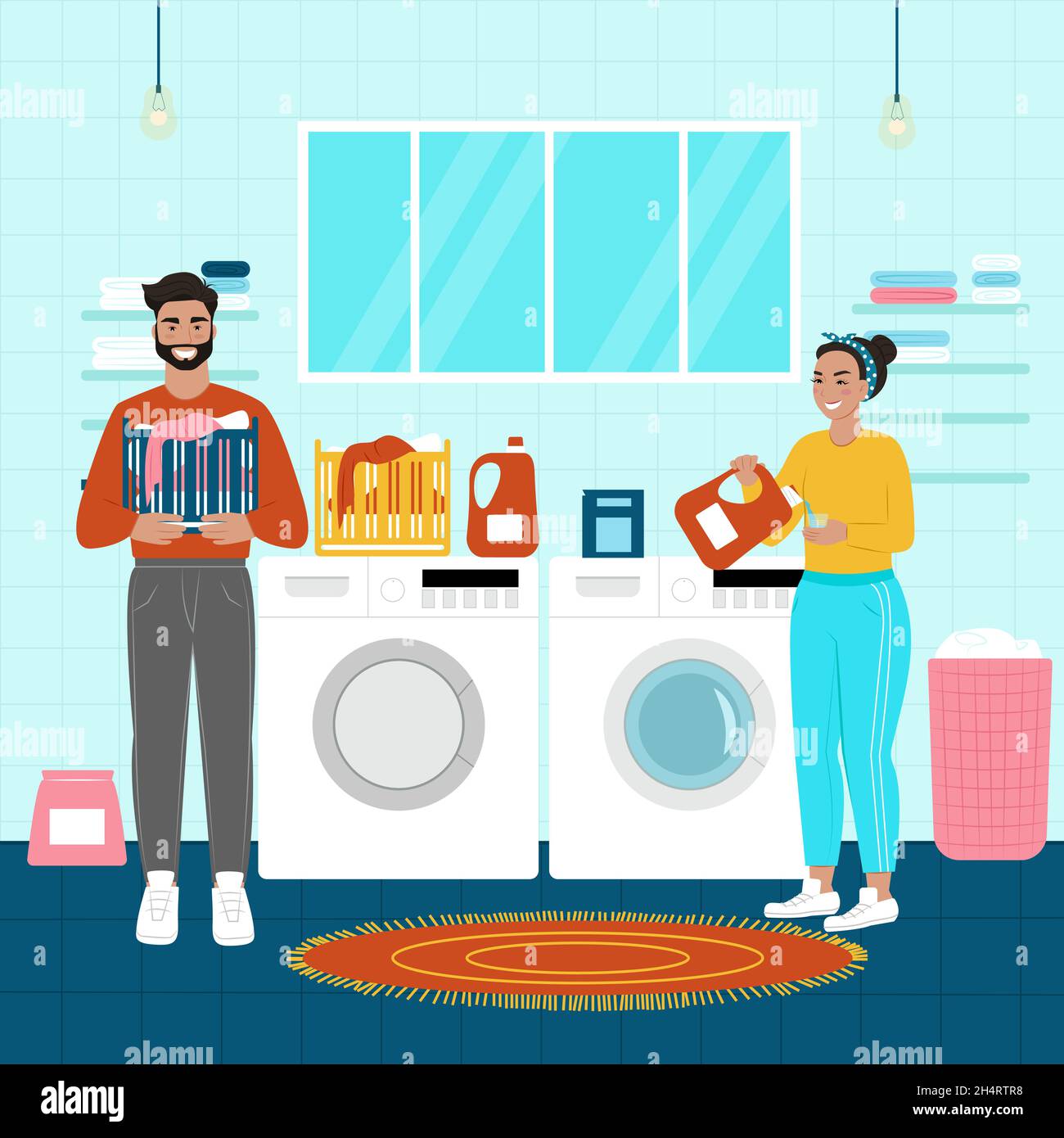 Happy woman laundry. Man helps the woman to wash. Vector illustration ...