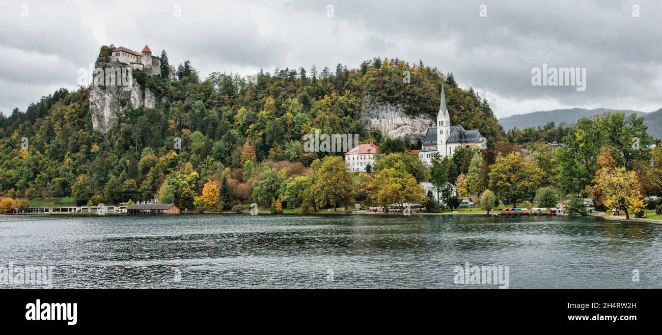Bled Castle (Blejski grad) as seen looking across Lake Bled, built on a ...