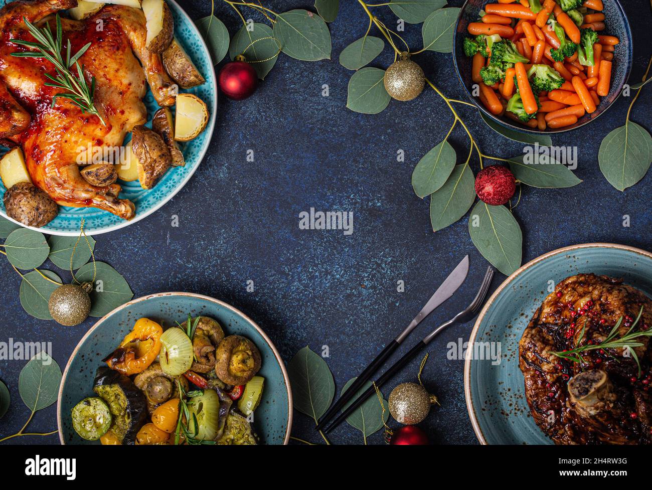 Christmas table top view with food flat lay Stock Photo - Alamy