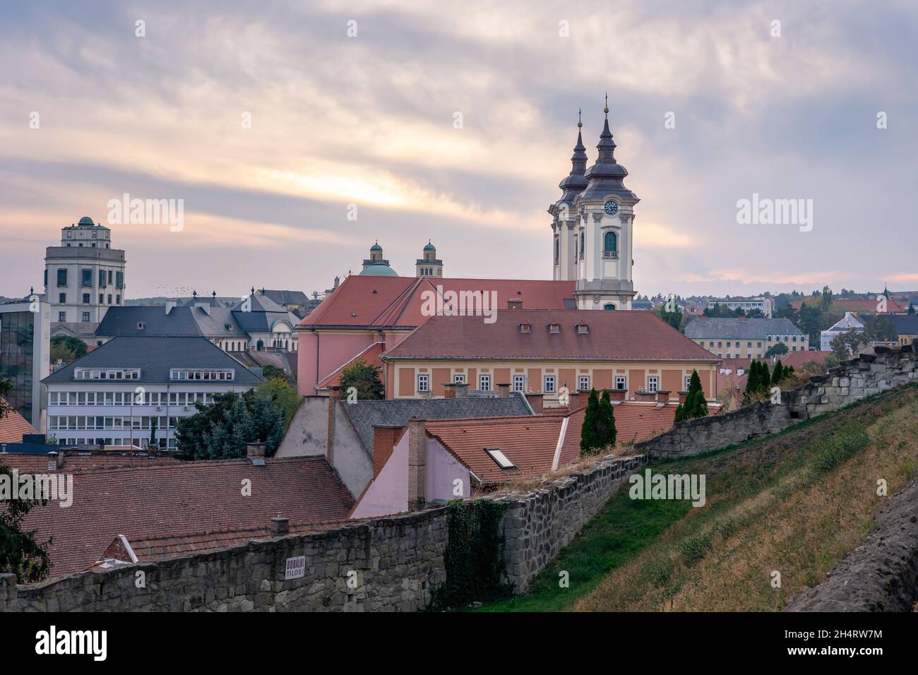 aerial cityscape of Eger Hungary from the castle with minorite church ...
