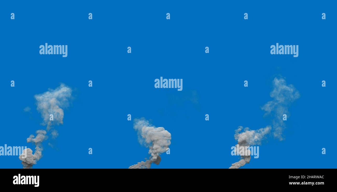 3 grey toxic smoke columns from explosion on blue, isolated ...