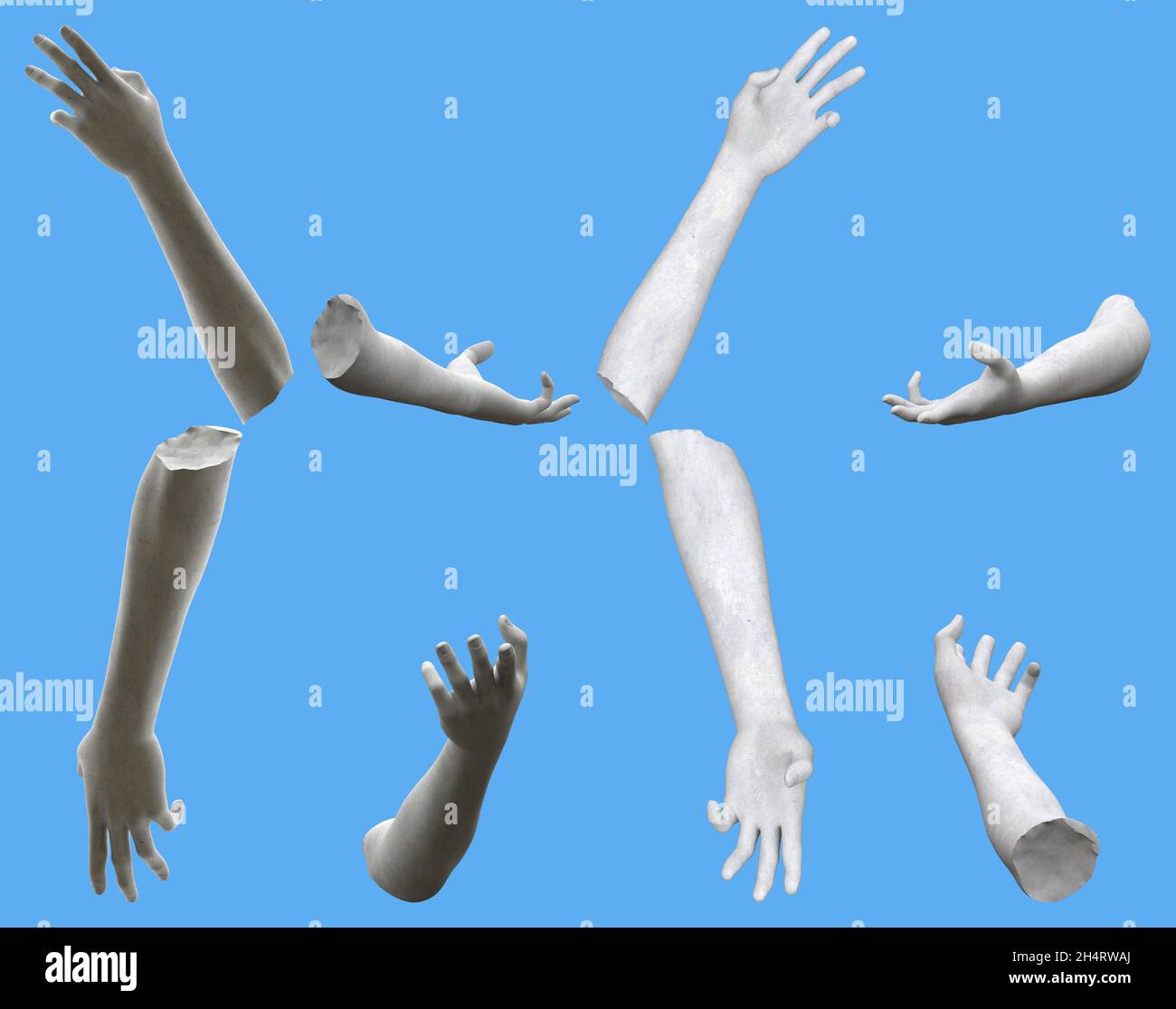 Set of grey stone statue hand renders isolated on blue, lights and ...