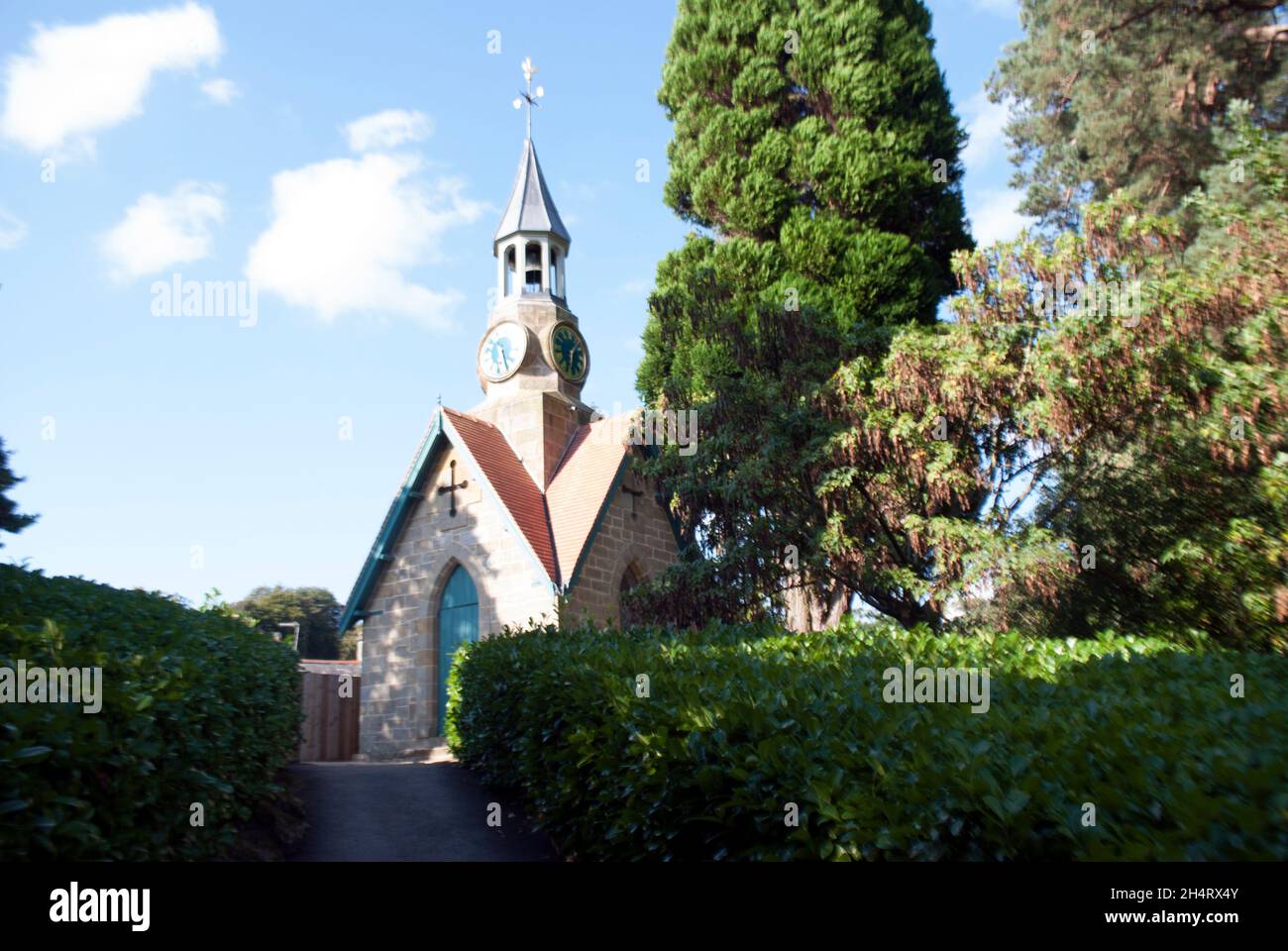 Clock Tower and trees and hedges at Cragside, Rothbury, Northumberland ...