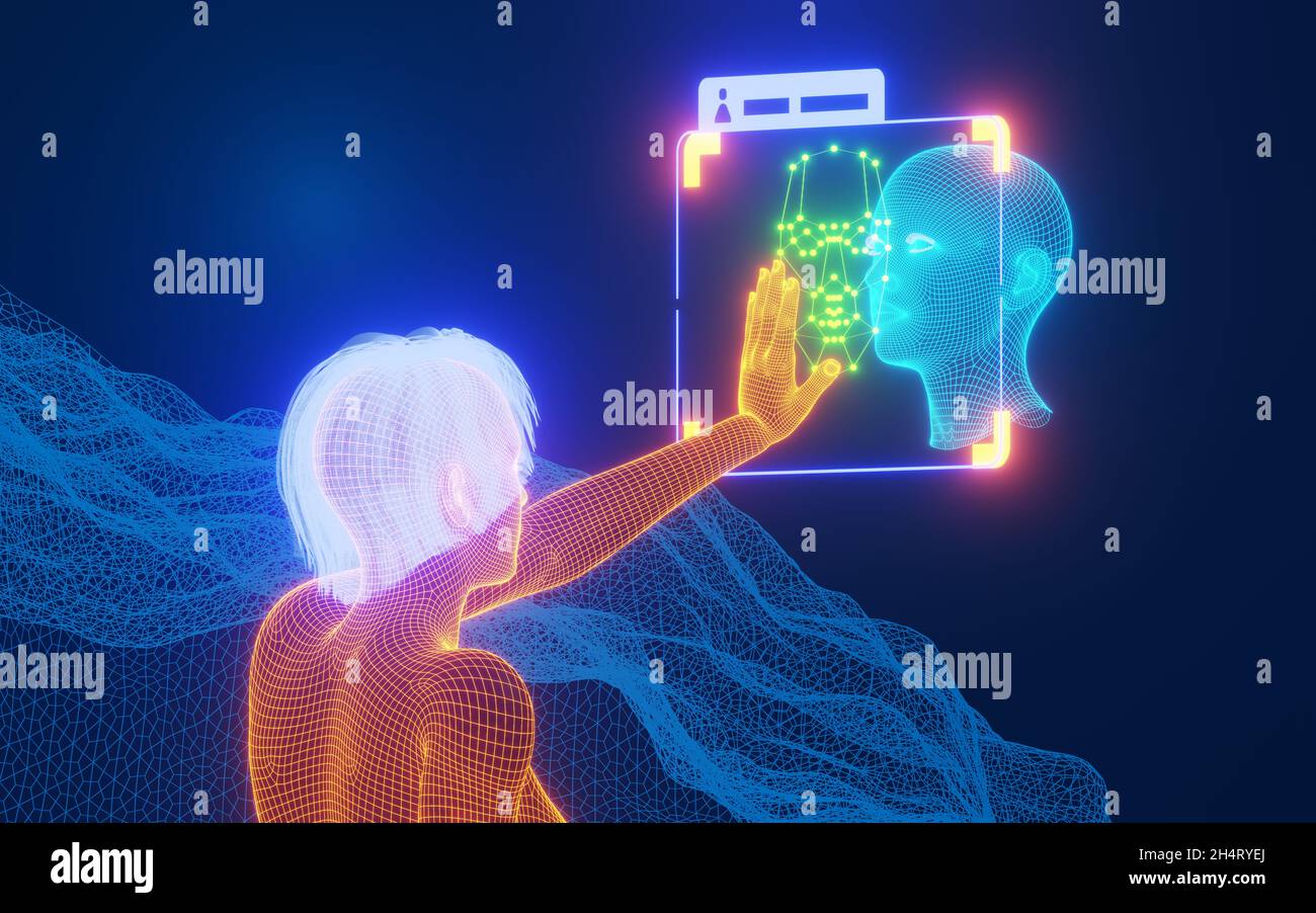 Face recognition concept - woman holds out her hand to mask with key ...