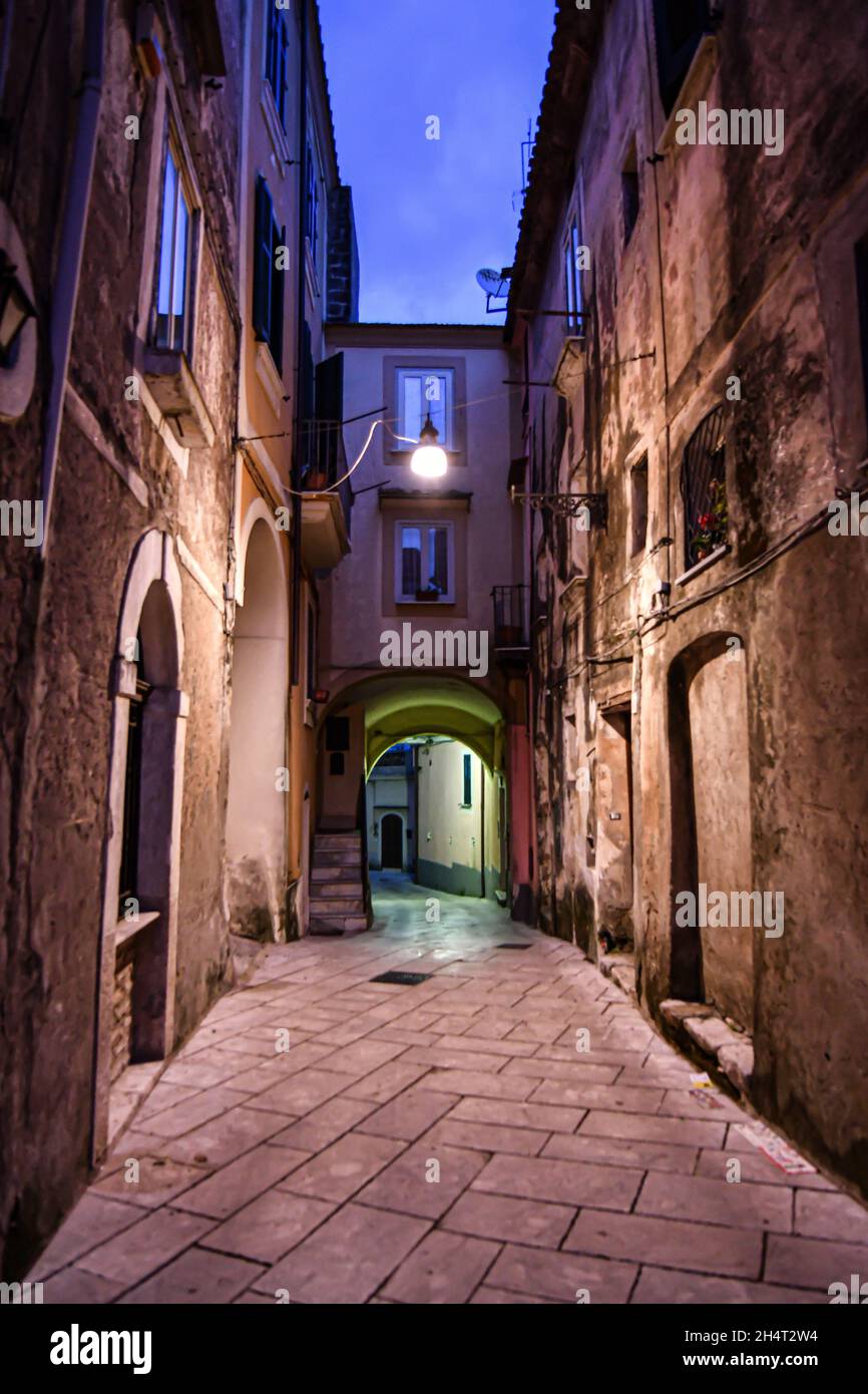 A narrow street of Sant'Agata de 'Goti, a medieval town of Campania ...