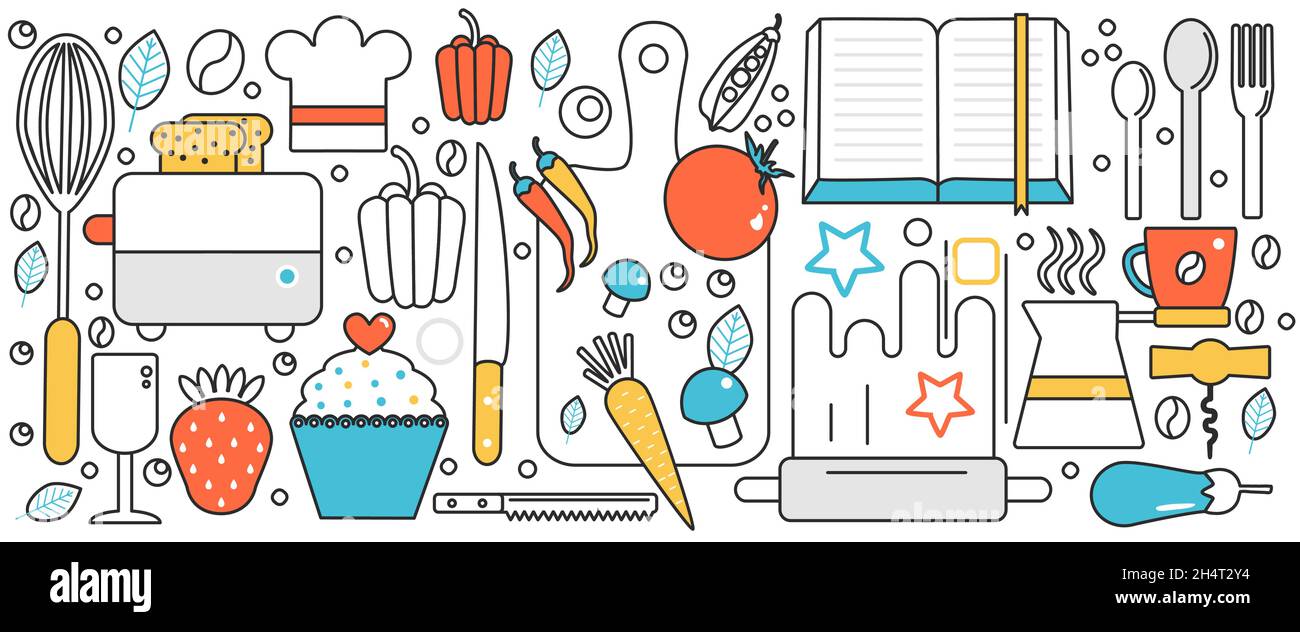 Cooking ingredients, recipe book and kitchen utensils vector ...