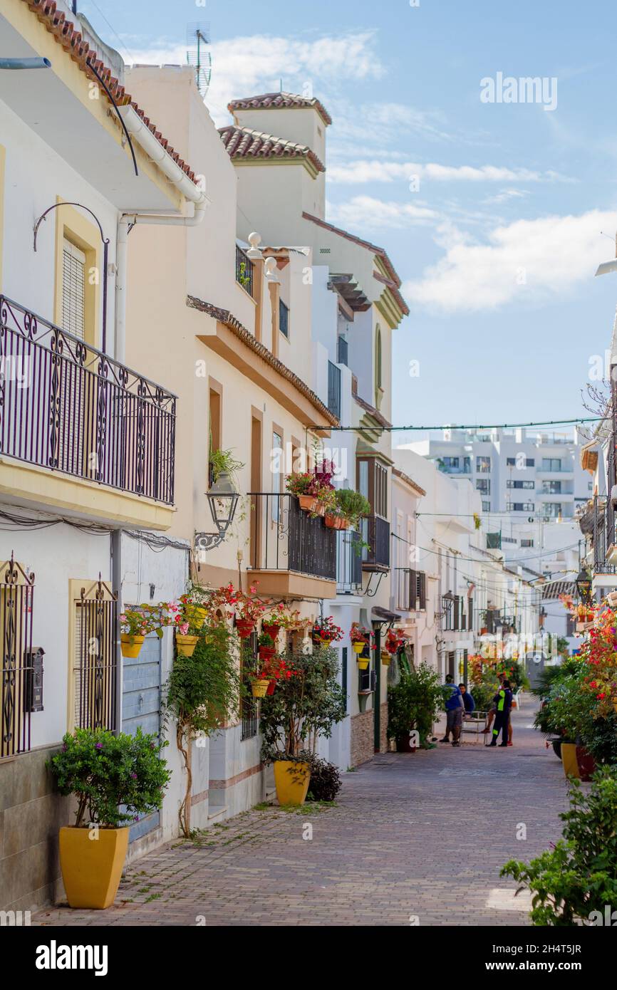 A typical street in old city Estepona with colorful flower pots ...