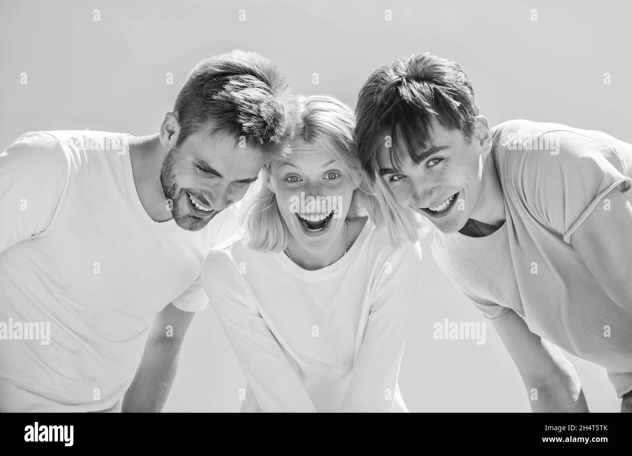 Happiness in unity. Open mind for happiness. Look here. Carefree youth ...