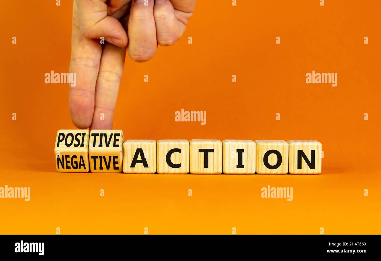Positive or negative action symbol. Businessman turns cubes and changes ...