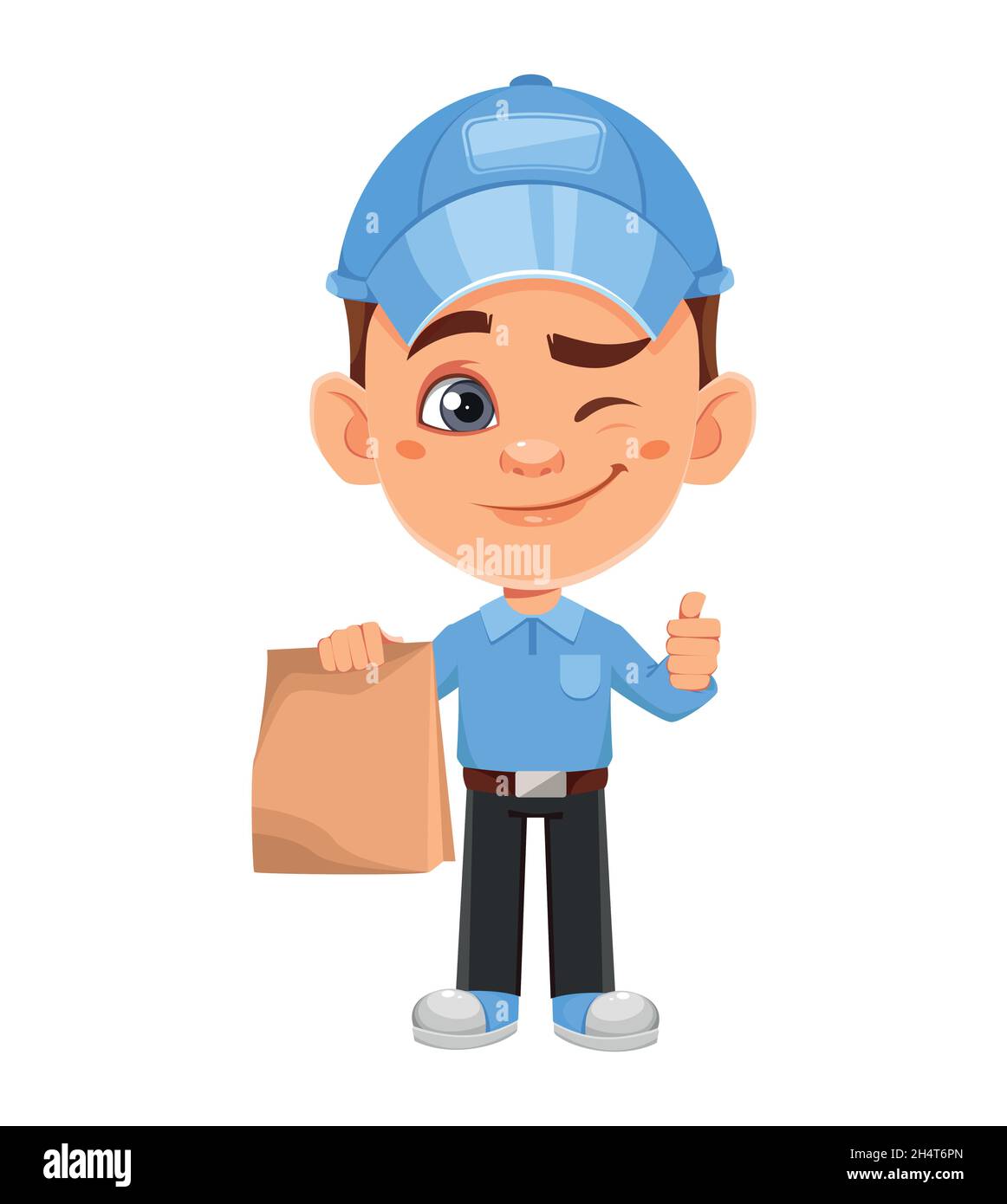 Courier cartoon character. Funny delivery man holding paper bag. Stock ...