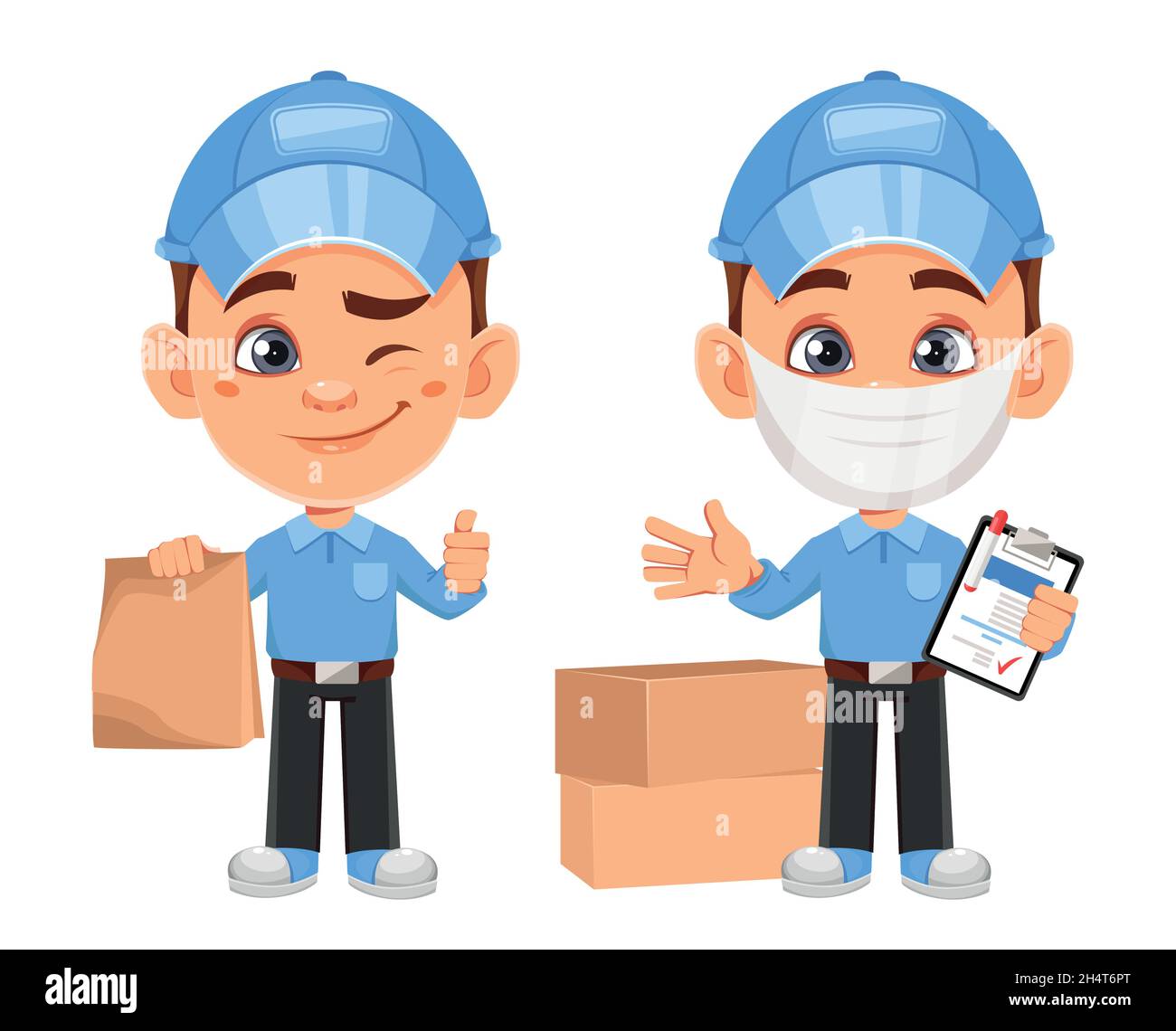 Courier cartoon character, set of two poses. Funny delivery man with ...