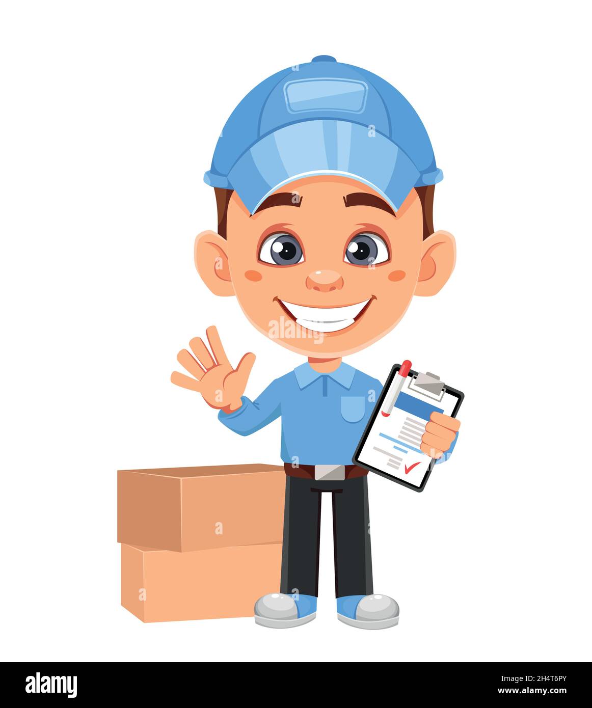 Courier cartoon character. Funny delivery man standing with clipboard ...