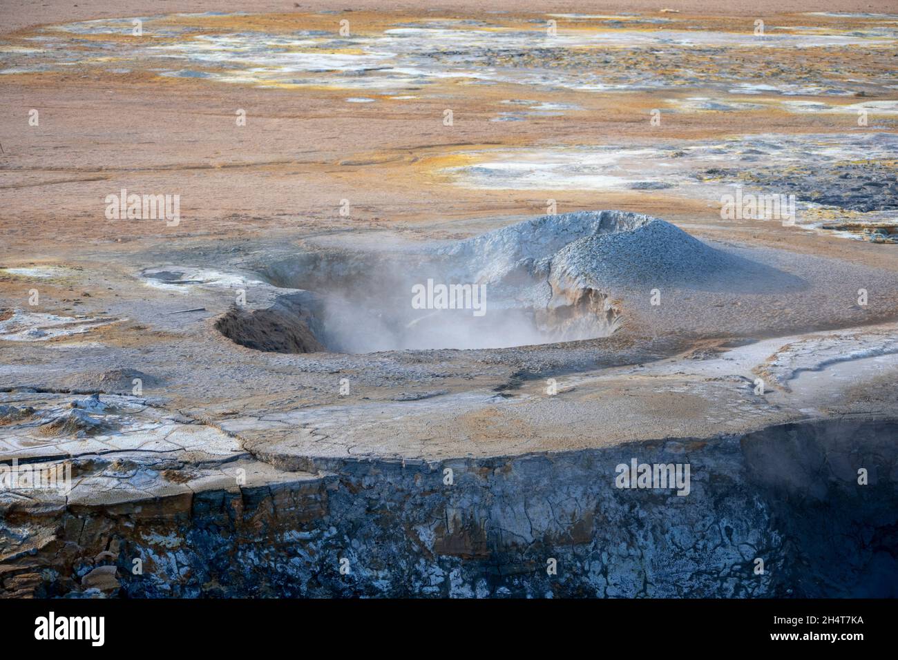 Landscape of Mt. Námafjall steaming Fumaroles boiling mud pit Iceland ...