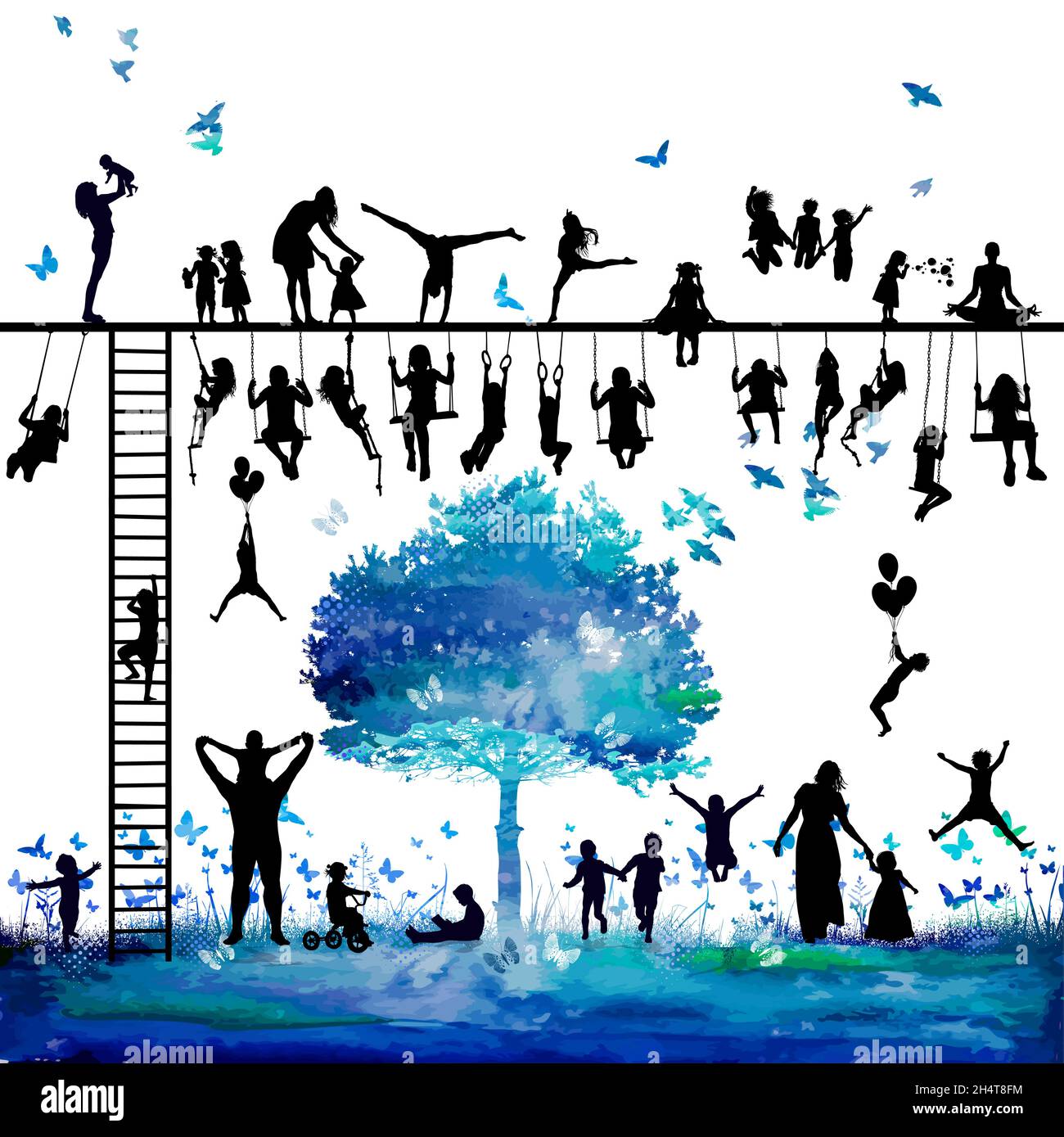 Watercolor Nature tree and Silhouettes of the family. Vector ...