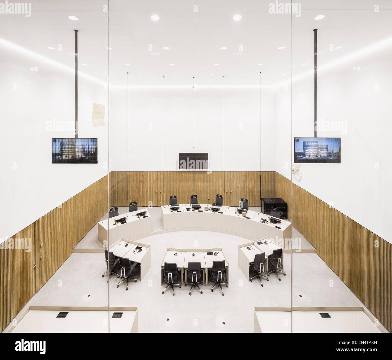 Courtroom interior viewed from the viewing gallery. Courthouse ...