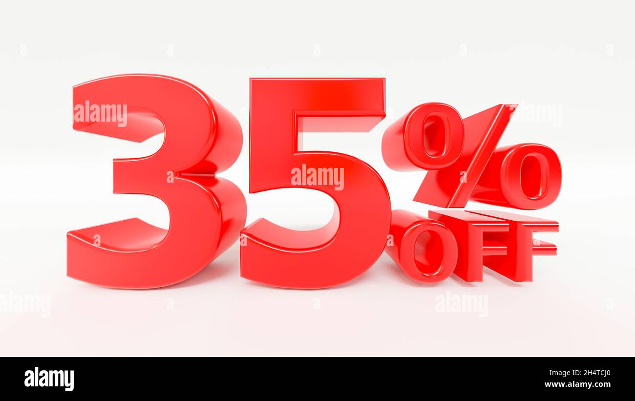 3d rendering of a "35 percent off" writing on a white background Stock ...