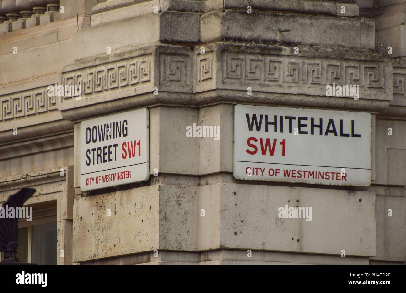 Detail of the Downing Street and Whitehall signs in Westminster, London ...