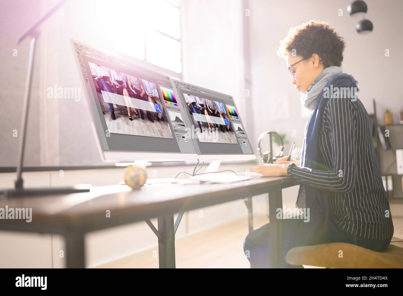 Graphic Designer Artist Working On Multiple Computer Screens Stock ...