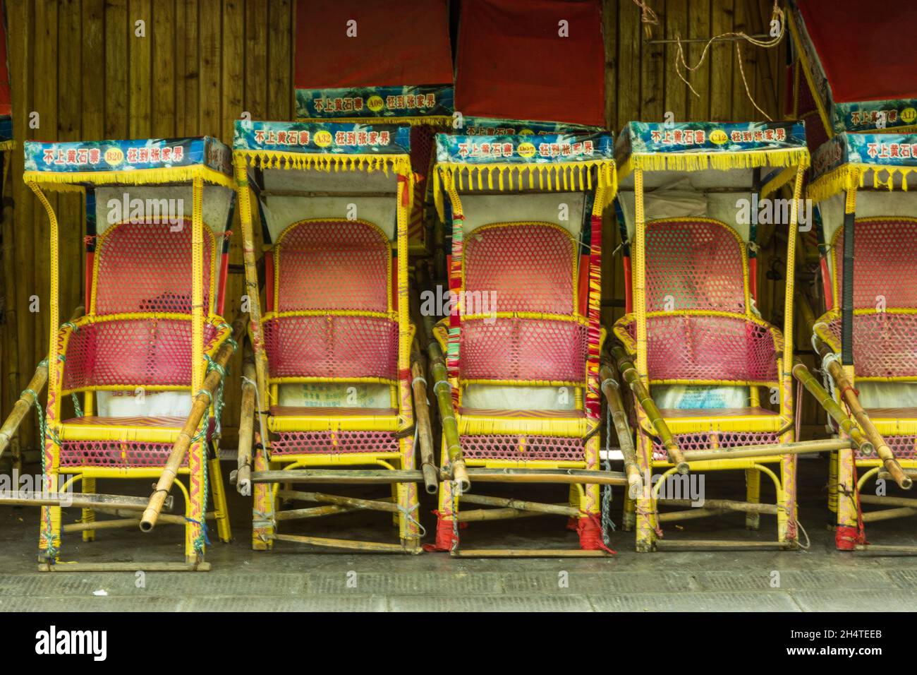 A line of sedan chairs for carrying tourists in Zhangjiajie National ...