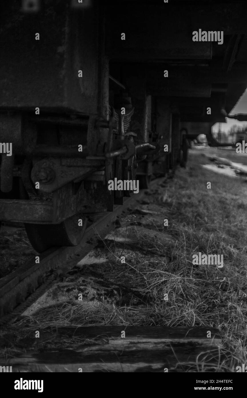 Grayscale closeup shot of a train Stock Photo - Alamy