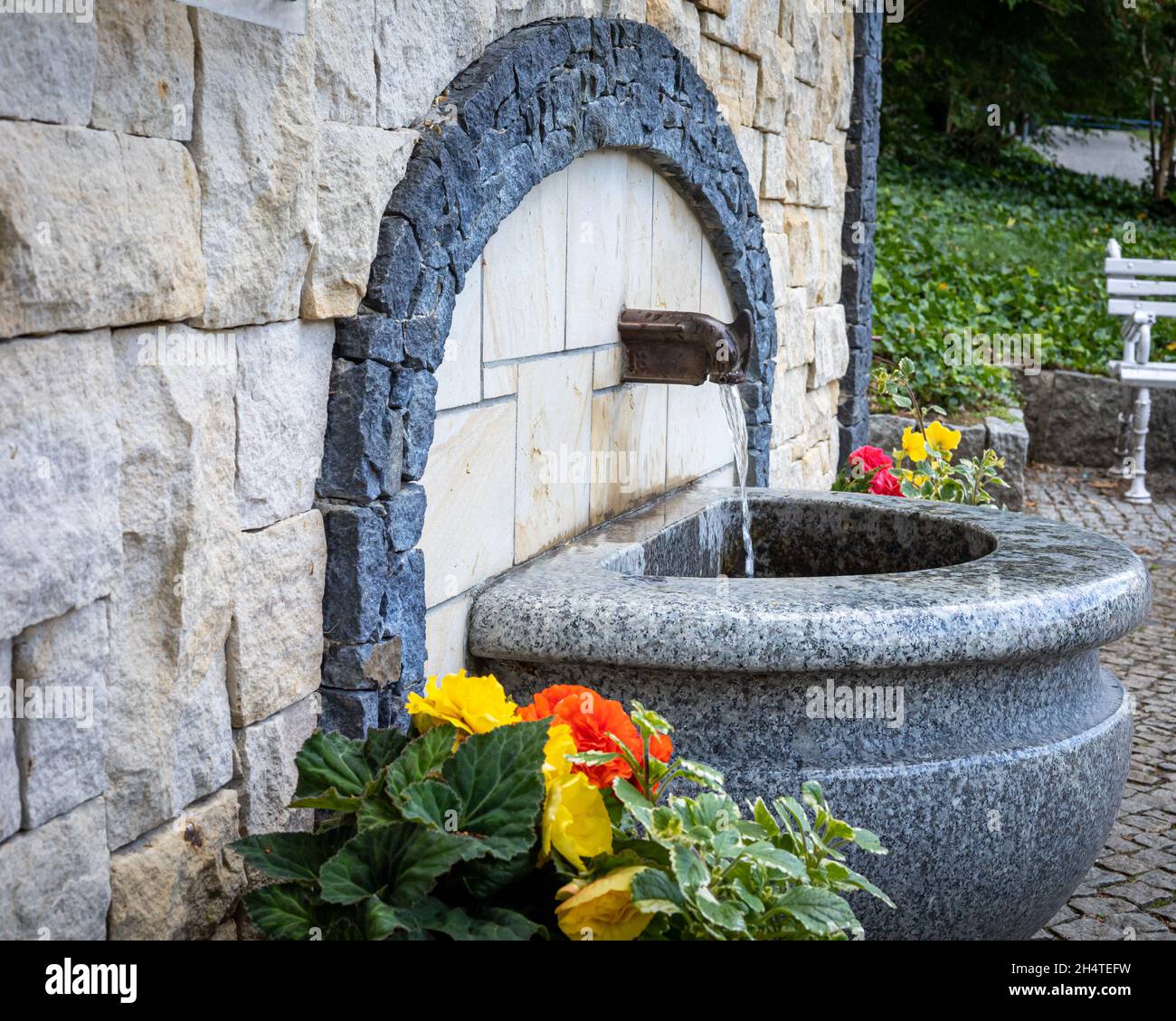 Drinking fountain surrounded with flowers. Stone basin, water running ...