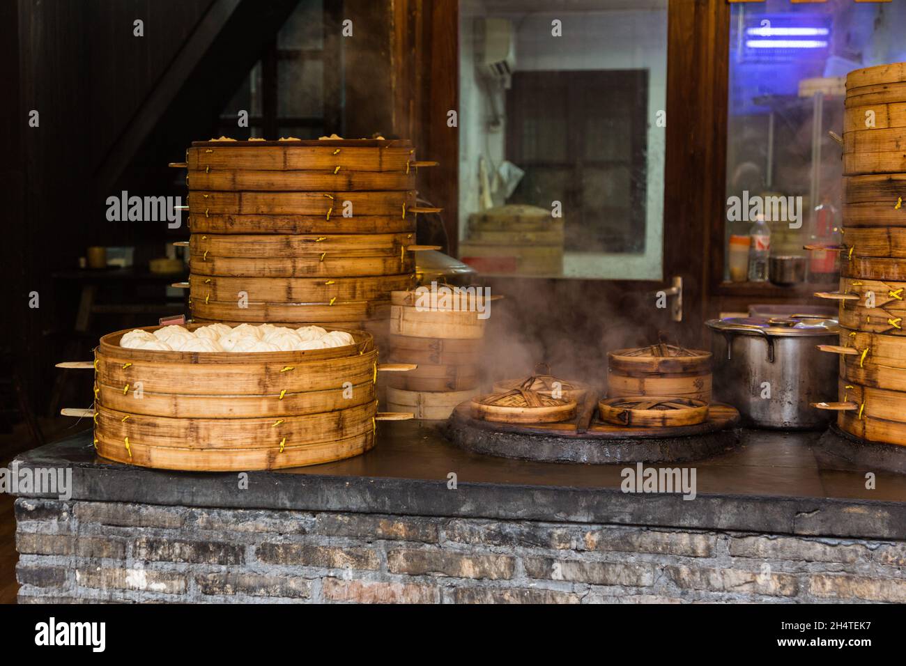 Traditional Chinese dumplings for sale in a street-side restaurant in ...