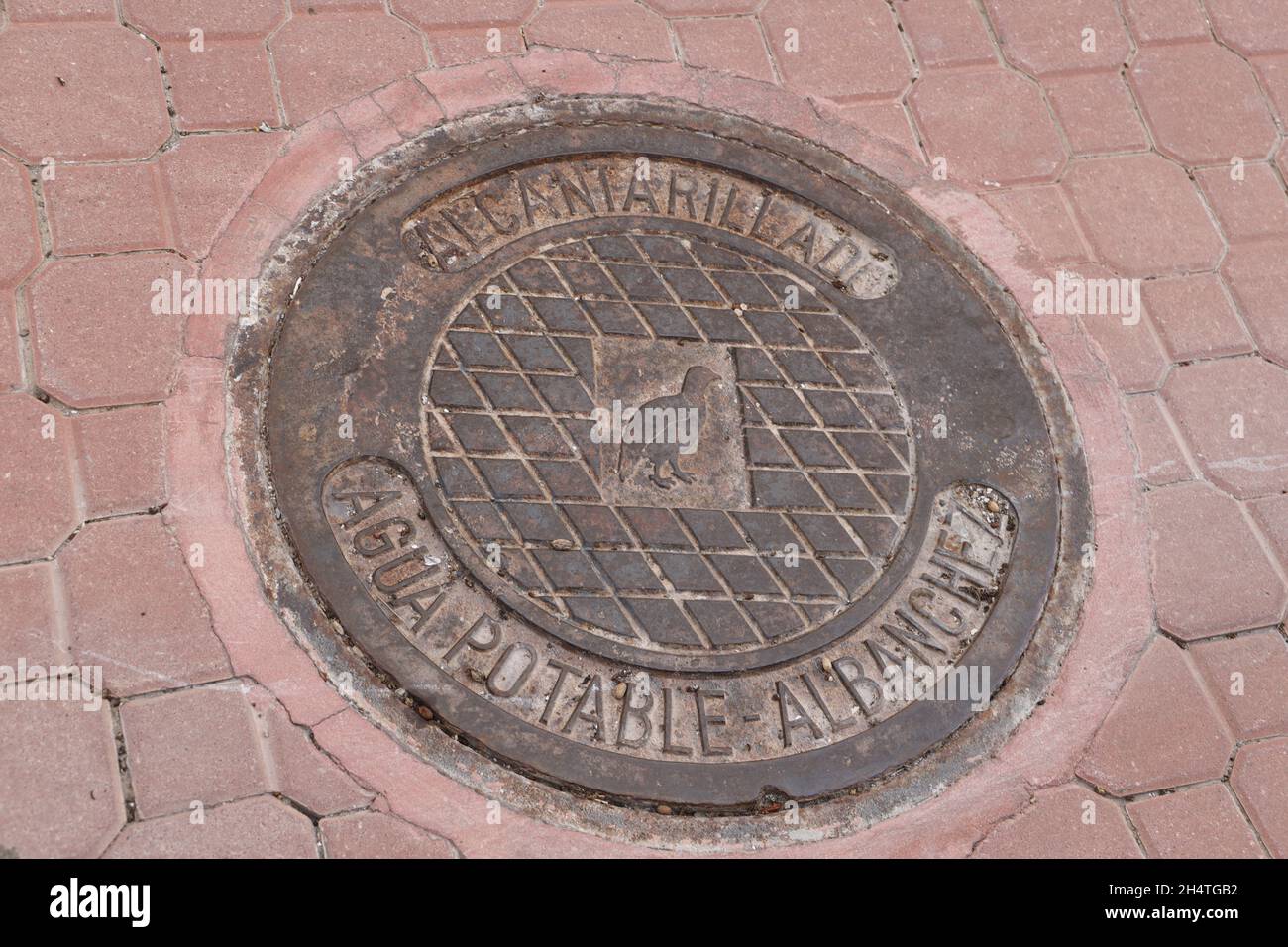 manhole cover with the symbol of the village Albanchez, Spain Stock ...